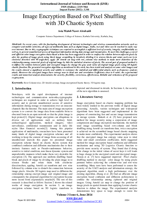 Pdf Image Encryption Based On Pixel Shuffling With 3d Chaotic System Asia Mahdi