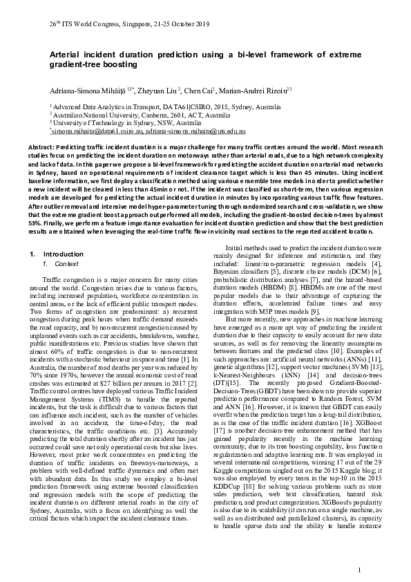 Pdf Arterial Incident Duration Prediction Using A Bi Level Framework Of Extreme Gradient Tree