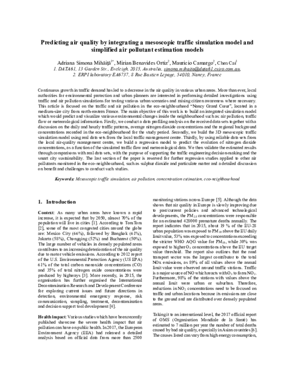 Pdf Predicting Air Quality By Integrating A Mesoscopic Traffic Simulation Model And Simplified