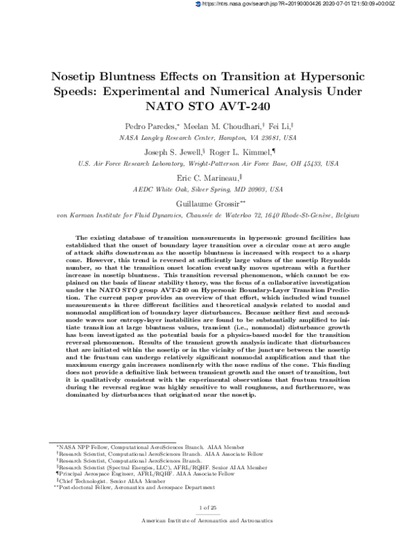 (PDF) Nosetip bluntness effects on transition at hypersonic speeds: experimental and numerical ...