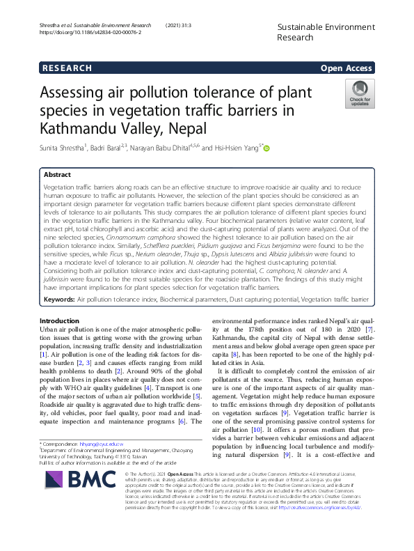 (PDF) Assessing air pollution tolerance of plant species in vegetation traffic barriers in ...