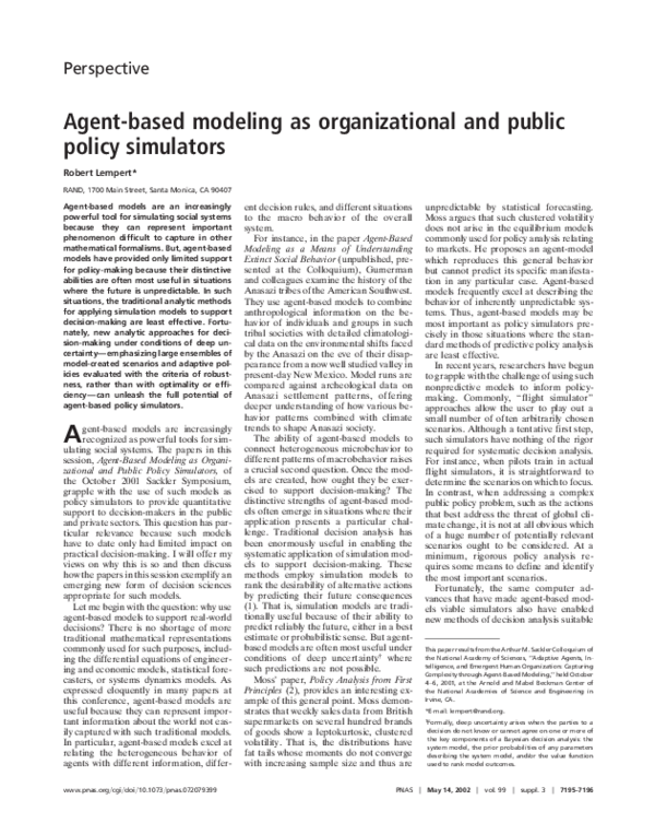 (PDF) Agent-based modeling as organizational and public policy simulators