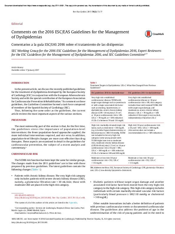 (PDF) Comments on the 2016 ESC/EAS Guidelines for the Management of ...