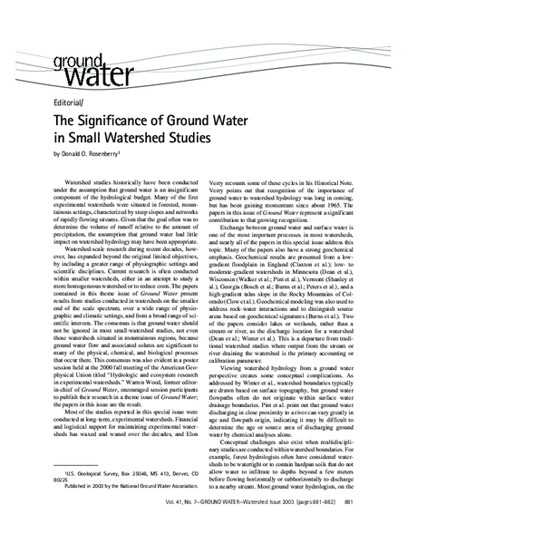 (PDF) The Significance of Ground Water in Small Watershed Studies