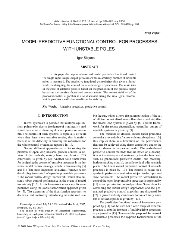 (PDF) Model predictive functional control for processes with unstable poles