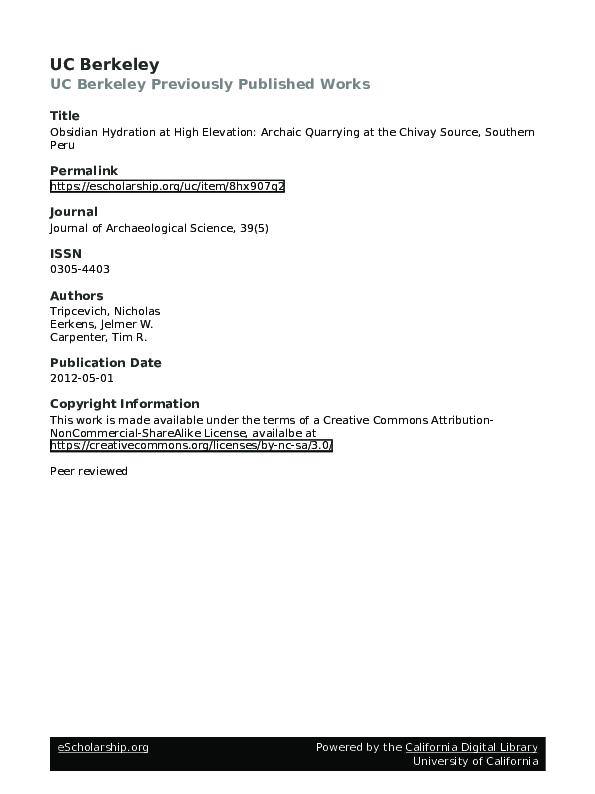 (PDF) Obsidian hydration at high elevation: Archaic quarrying at the ...