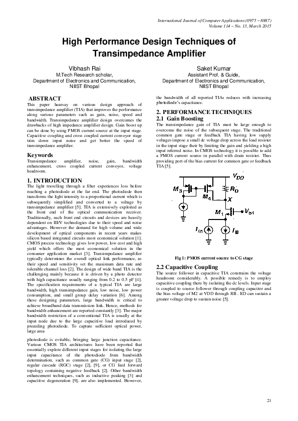 (PDF) High Performance Design Techniques of Transimpedance Amplifier