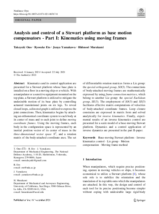(PDF) Analysis and control of a Stewart platform as base motion ...