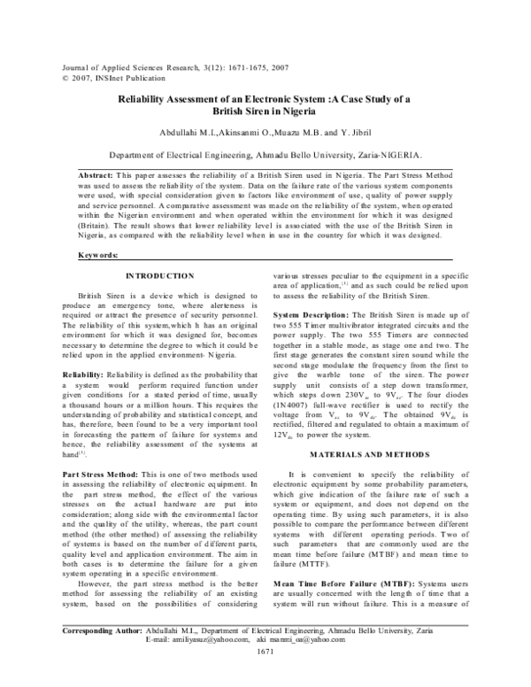 (PDF) Reliability Assessment of an Electronic System: A Case Study of a ...