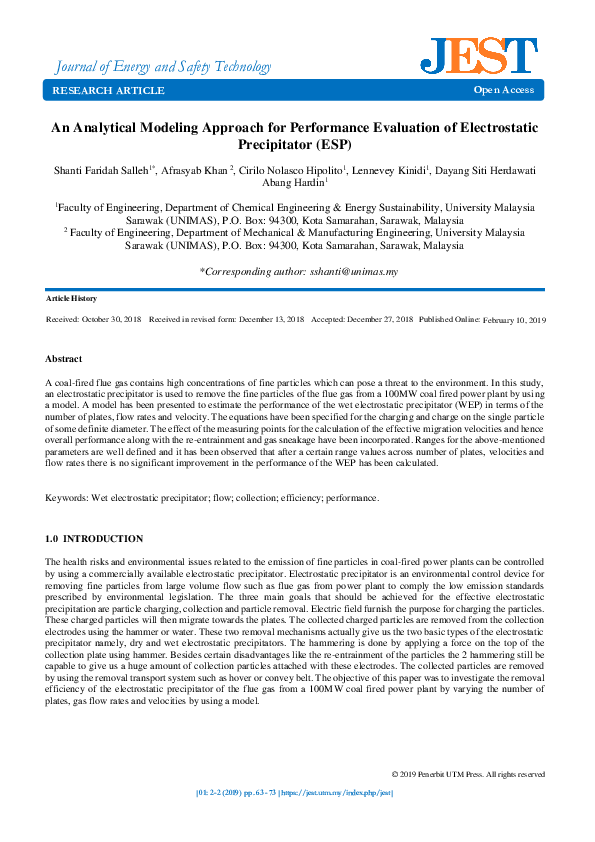(PDF) An Analytical Modeling Approach for Performance Evaluation of Electrostatic Precipitator (ESP)