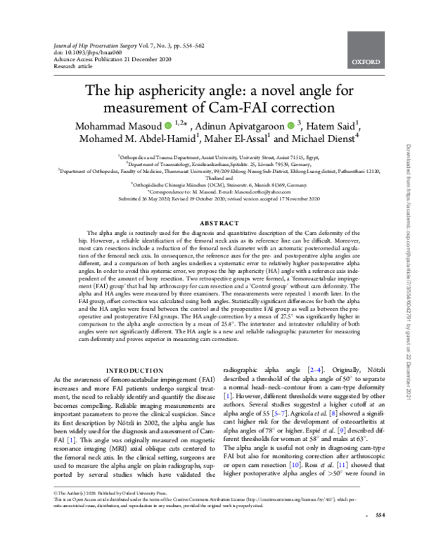 (PDF) The hip asphericity angle: a novel angle for measurement of Cam ...
