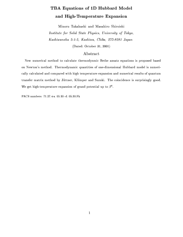 (PDF) TBA Equations of 1D Hubbard Model and High-Temperature Expansion
