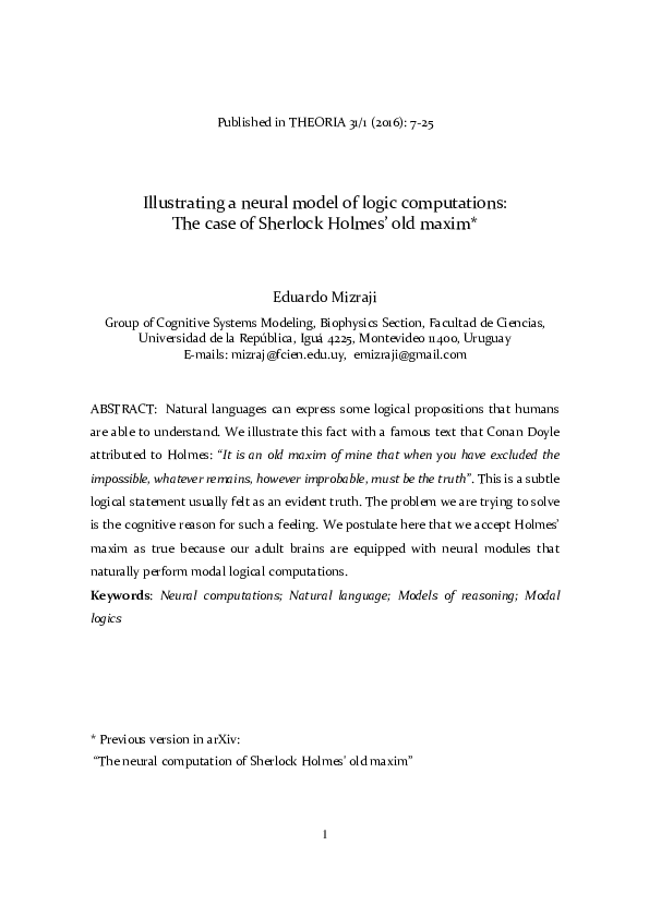 (PDF) On the consistency of Sherlock Holmes’ old maxim: A logical and neurocomputational approach