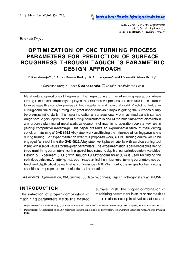 (PDF) Optimization of CNC Turning Process Parameters for Prediction of Surface Roughness Through ...