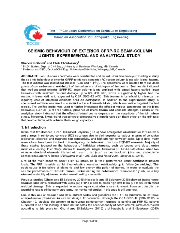 (PDF) Seismic Behaviour of Exterior GFRP-RC Beam-Column Joints: Experimental and Analytical Study