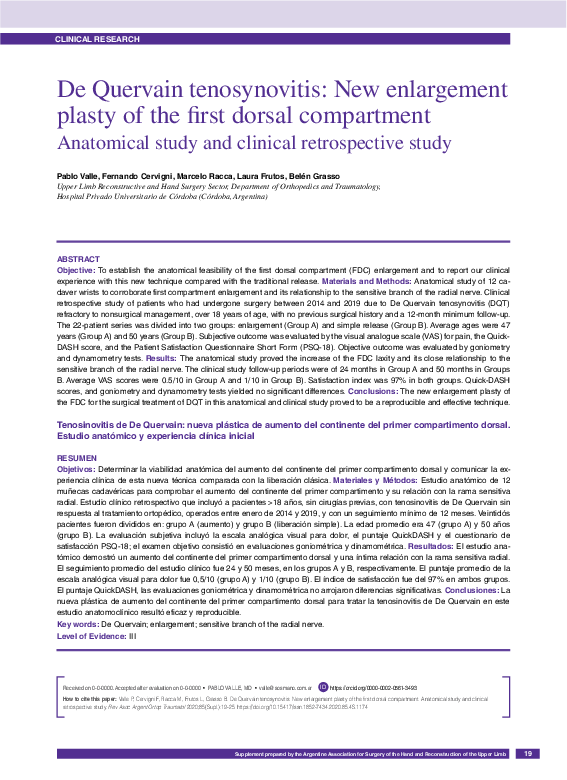(PDF) De Quervain tenosynovitis : New enlargement plasty of the first ...