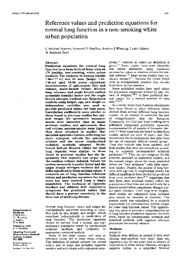 Pdf Reference Values And Prediction Equations For Normal Lung Function In A Non Smoking White