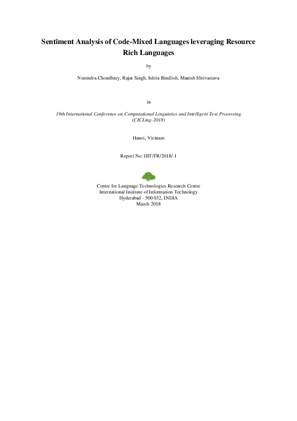 (PDF) Sentiment Analysis of Code-Mixed Languages leveraging Resource ...