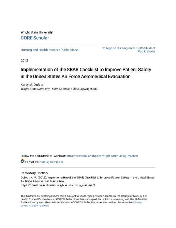 (PDF) Implementation of the SBAR Checklist to Improve Patient Safety in ...