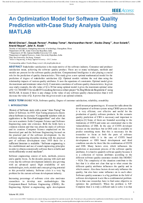(PDF) An Optimization Model for Software Quality Prediction with-Case Study Analysis Using MATLAB