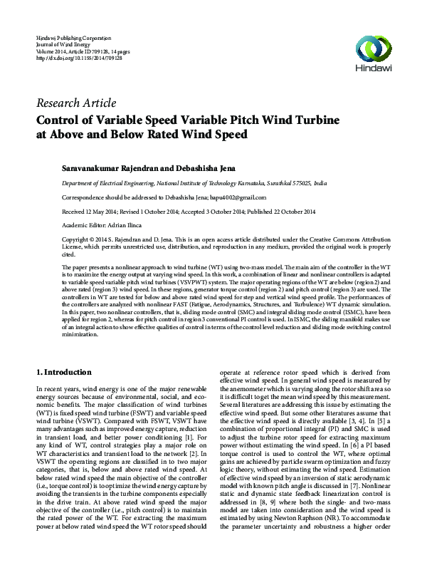 (PDF) Control of Variable Speed Variable Pitch Wind Turbine at Above and Below Rated Wind Speed