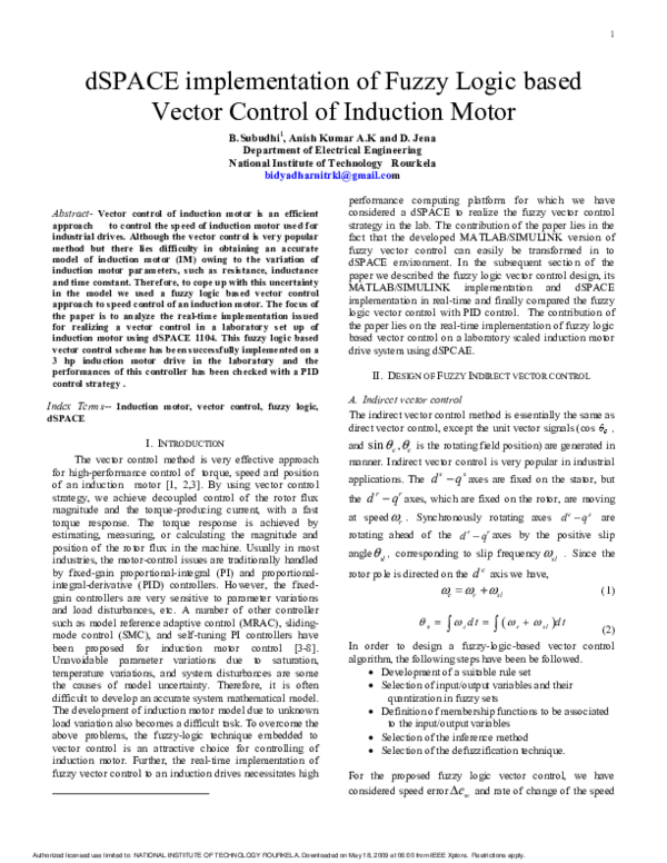 Pdf Dspace Implementation Of Fuzzy Logic Based Vector Control Of Induction Motor