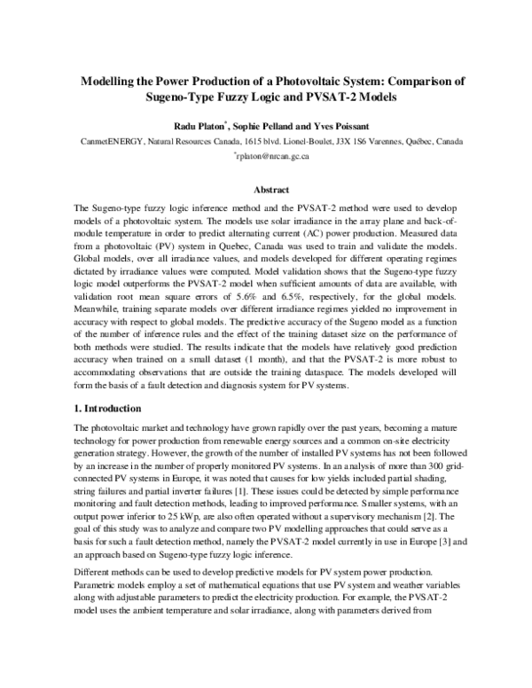 (PDF) Modelling the Power Production of a Photovoltaic System : Comparison of Sugeno-Type Fuzzy ...