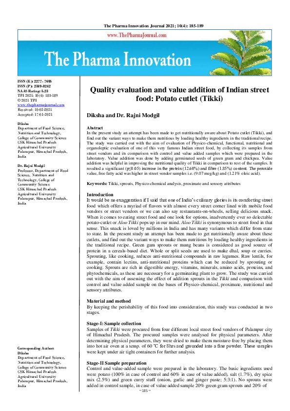 (PDF) Quality evaluation and value addition of Indian street food ...