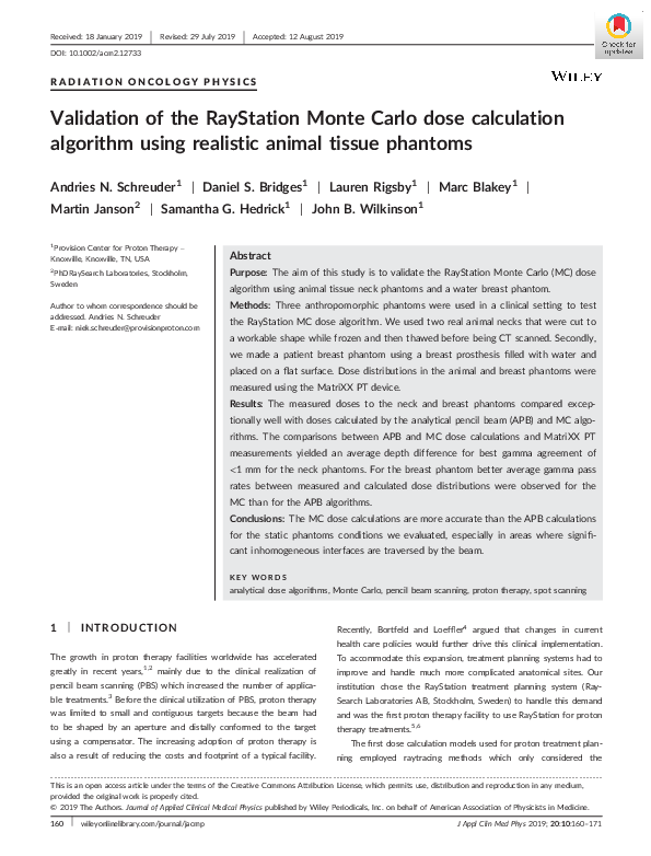 (PDF) Validation of the RayStation Monte Carlo dose calculation algorithm using realistic animal ...