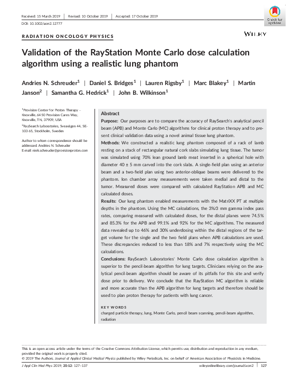 Pdf Validation Of The Raystation Monte Carlo Dose Calculation Algorithm Using A Realistic Lung