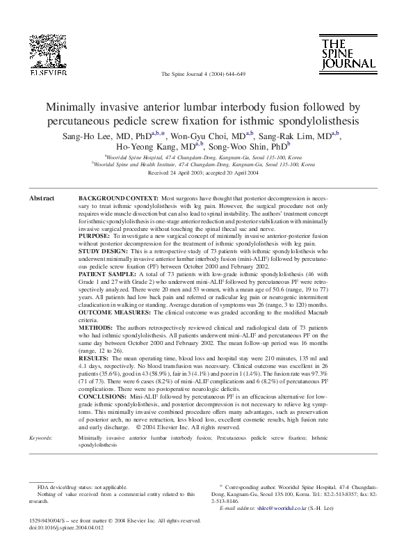 (PDF) Minimally invasive anterior lumbar interbody fusion followed by ...
