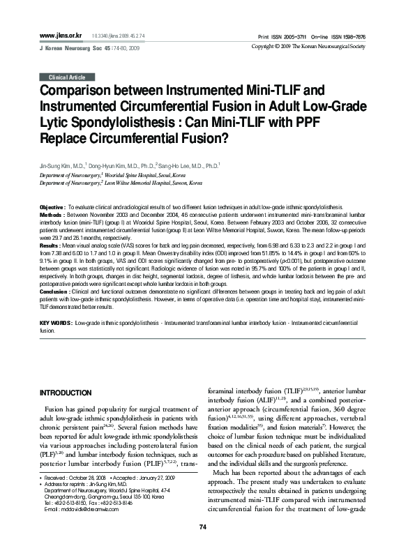 Pdf Comparison Between Instrumented Mini Tlif And Instrumented Circumferential Fusion In Adult