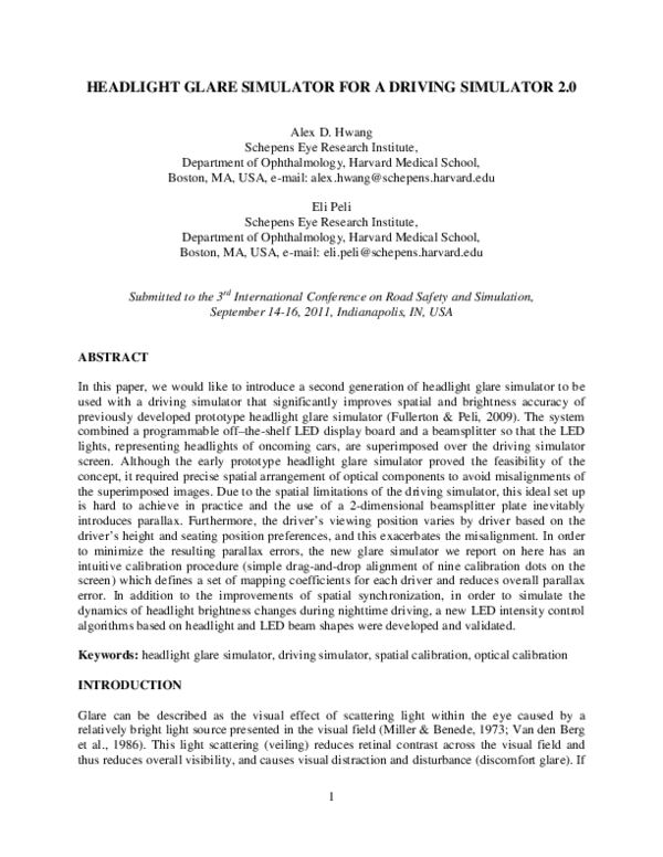 (PDF) Headlight Glare Simulator for a Driving Simulator 2.0