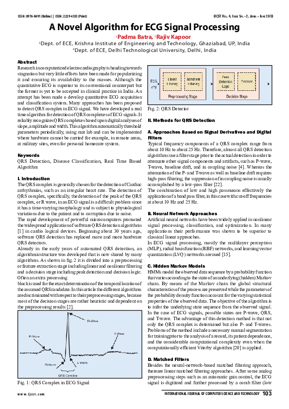 (PDF) A Novel Algorithm for ECG Signal Processing