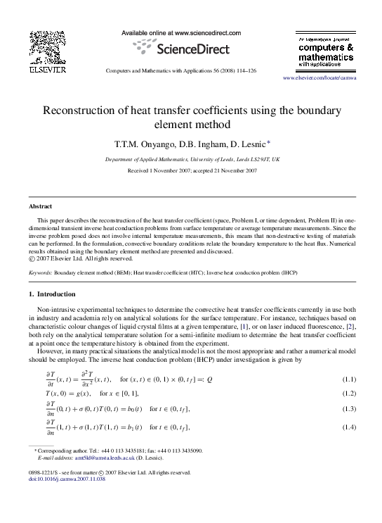 (PDF) Reconstruction of heat transfer coefficients using the boundary element method
