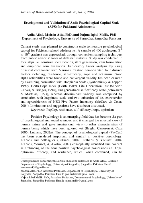 Pdf Development And Validation Of Anila Psychological Capital Scale