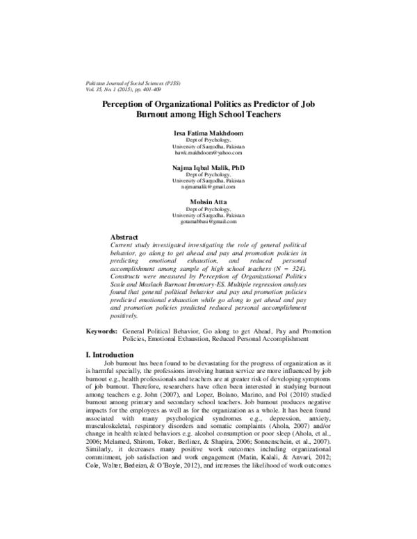(PDF) Perception of Organizational Politics as Predictor of Job Burnout among High School ...