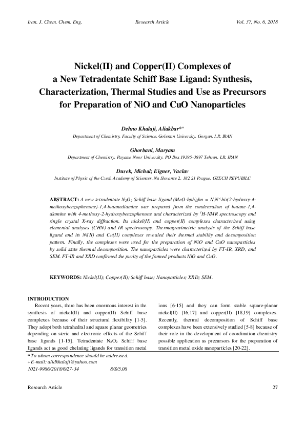 (PDF) Nickel(II) and Copper(II) Complexes of a New Tetradentate Schiff base Ligand: Synthesis ...