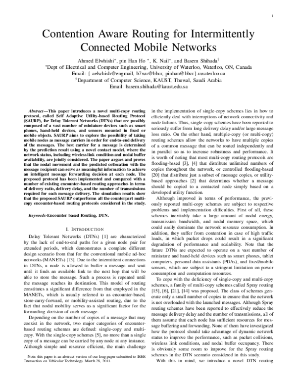 (PDF) Contention Aware Routing for Intermittently Connected Mobile Networks