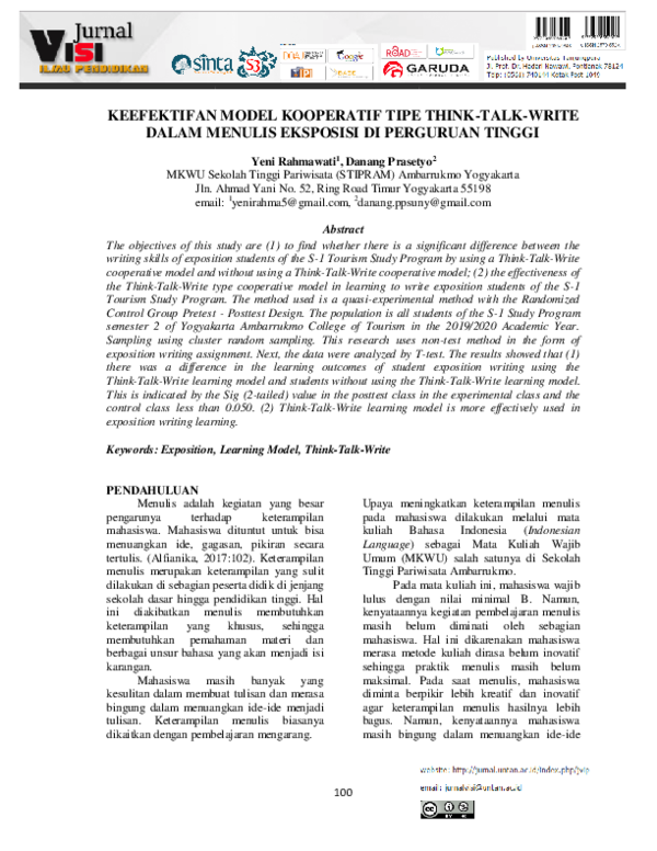 (PDF) Keefektifan Model Kooperatif Tipe Think-Talk-Write Dalam Menulis Eksposisi DI Perguruan Tinggi