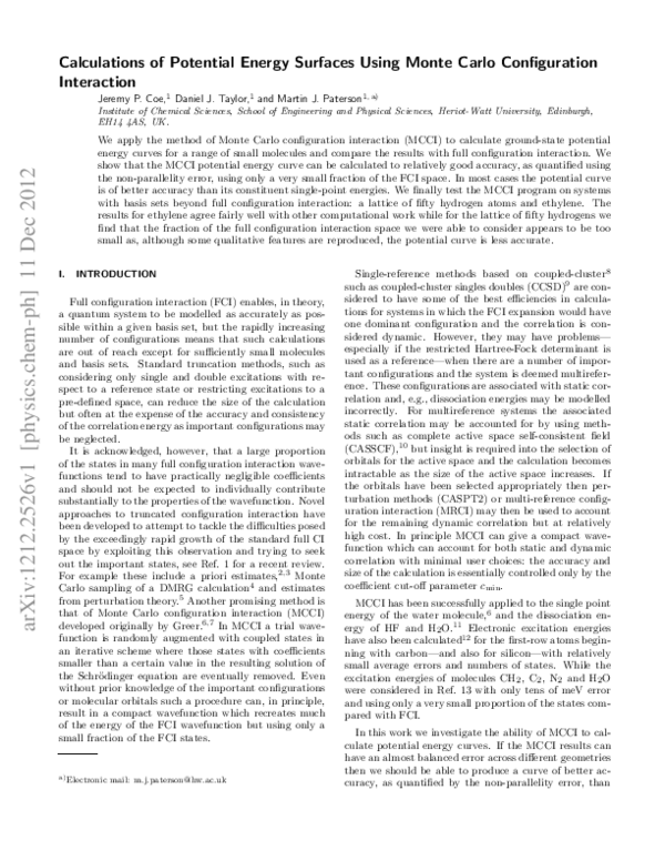 (PDF) Calculations of potential energy surfaces using Monte Carlo configuration interaction