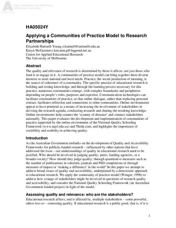 (PDF) Applying a communities of practice model to research partnerships