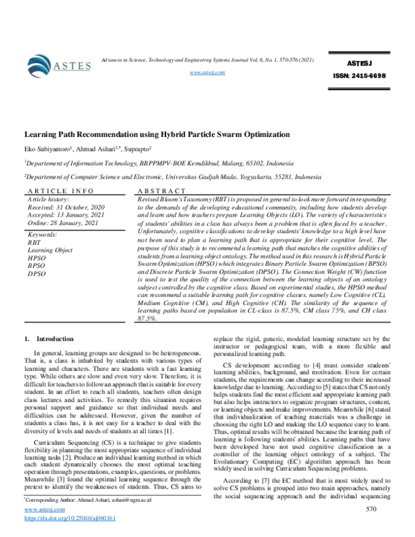 (PDF) Learning Path Recommendation using Hybrid Particle Swarm Optimization
