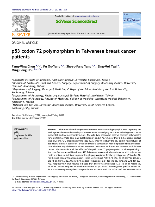(PDF) p53 codon 72 polymorphism in Taiwanese breast cancer patients