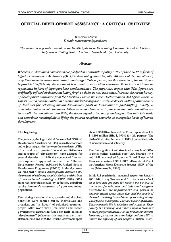 (PDF) Official Development Assistance: a Critical Overview