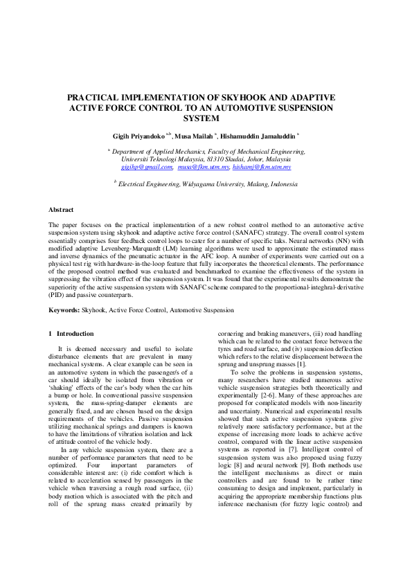 Pdf Practical Implementation Of Skyhook And Adaptive Active Force Control To An Automotive