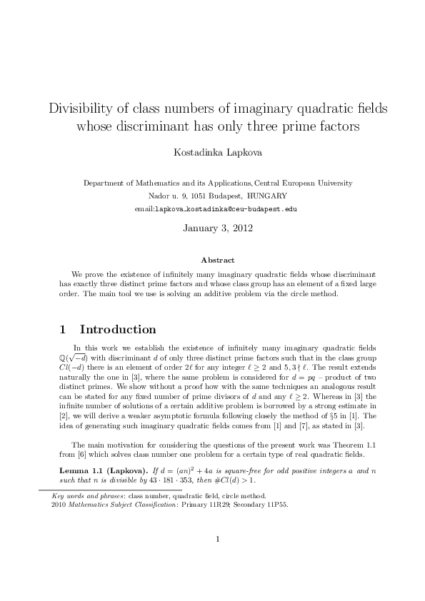 (PDF) Divisibility of class numbers of imaginary quadratic fields whose discriminant has only ...