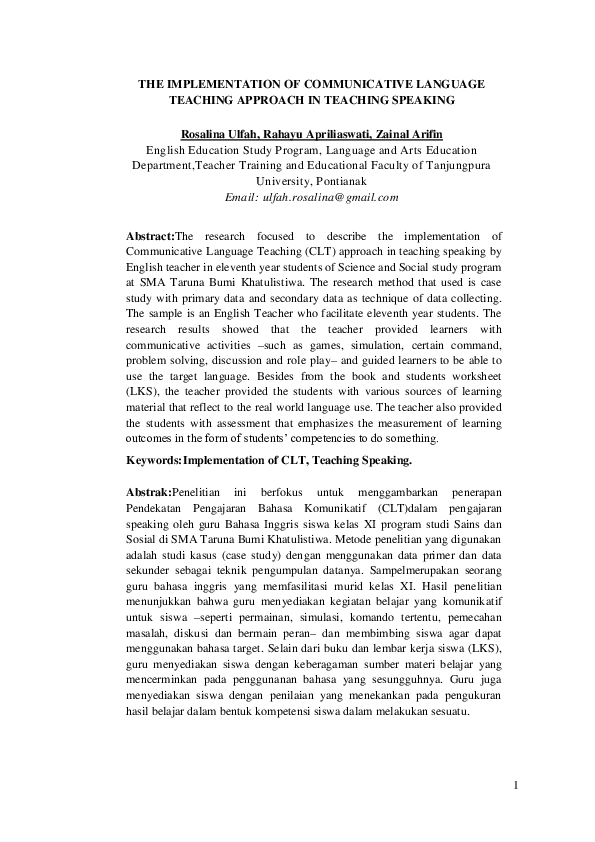 (PDF) The Implementation of Communicative Language Teaching Approach in Teaching Speaking