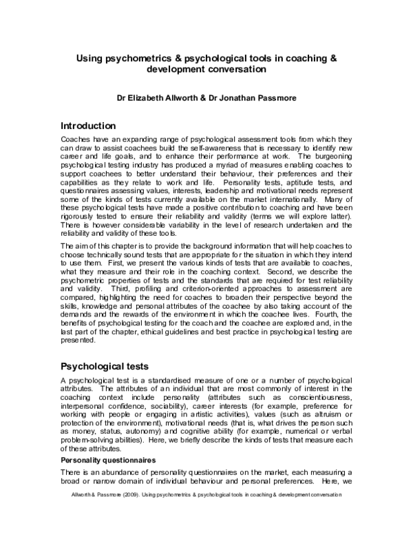 (PDF) Using psychometrics & psychological tools in coaching ...