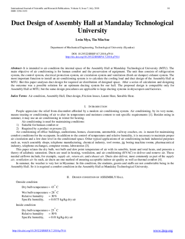(PDF) Duct Design of Assembly Hall at Mandalay Technological University